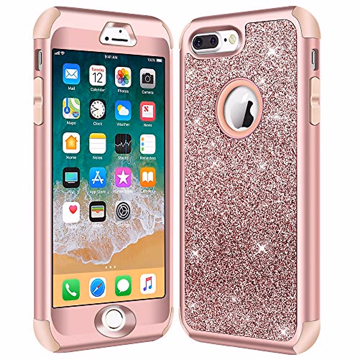 Hython iPhone 8 Plus Case, iPhone 7 Plus Case, Heavy Duty Defender Protective Case Bling Glitter Sparkle Hard Shell Armor Hybrid Shockproof Rubber Bumper Cover for iPhone 7 Plus and 8 Plus, Rose Gold