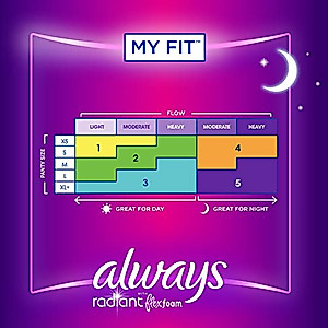 Always Radiant Feminine Pads For Women, Size 5 Extra Heavy Overnight Absorbency, Multipack, With Flexfoam, With Wings, Scented, 18 Count x 3 Packs (54 Count total)