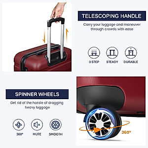 YEMENREN Luggage Sets Hardside Lightweight Suitcase with Spinner Wheels TSA Lock, 3-Piece Set (20/24/28), Red