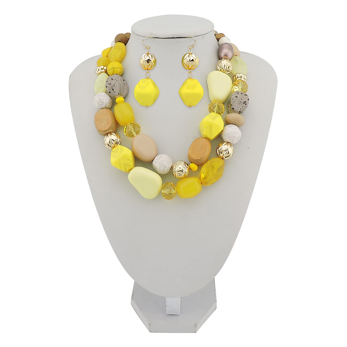 Bocar 2 Layer Statement Chunky Beaded Fashion Collar Necklace for Women Gifts (NK-10384-yellow-set)