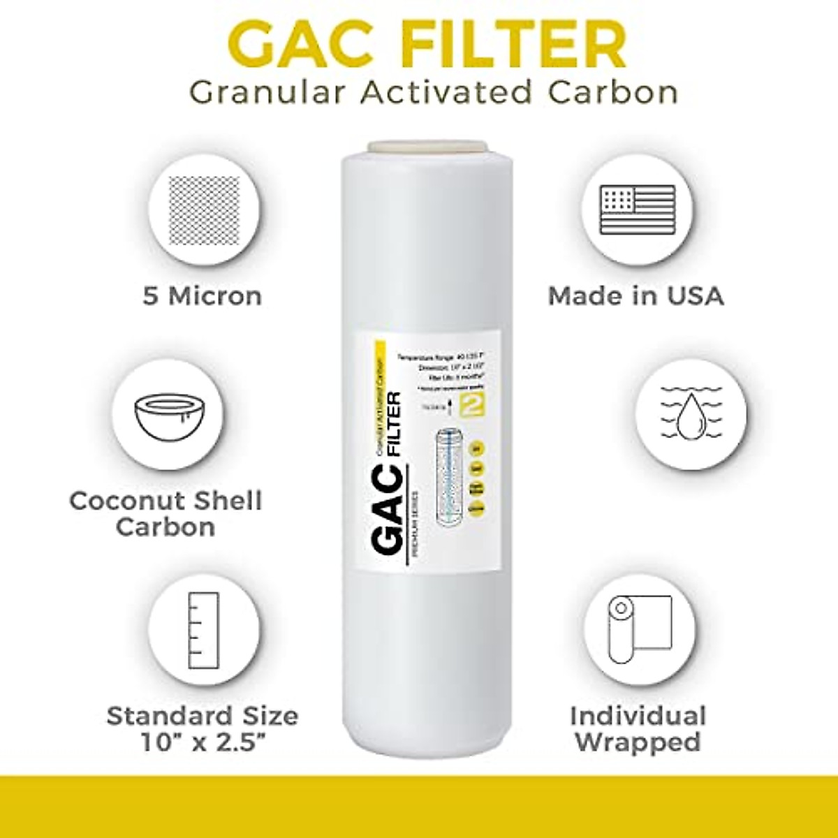 iSpring FG15US Premium Universal High Capacity GAC Granular Activated Carbon Filter Replacement Cartridge for Reverse Osmosis RO and Under Sink Water Filtration Systems, 10" x 2.5", Made in USA