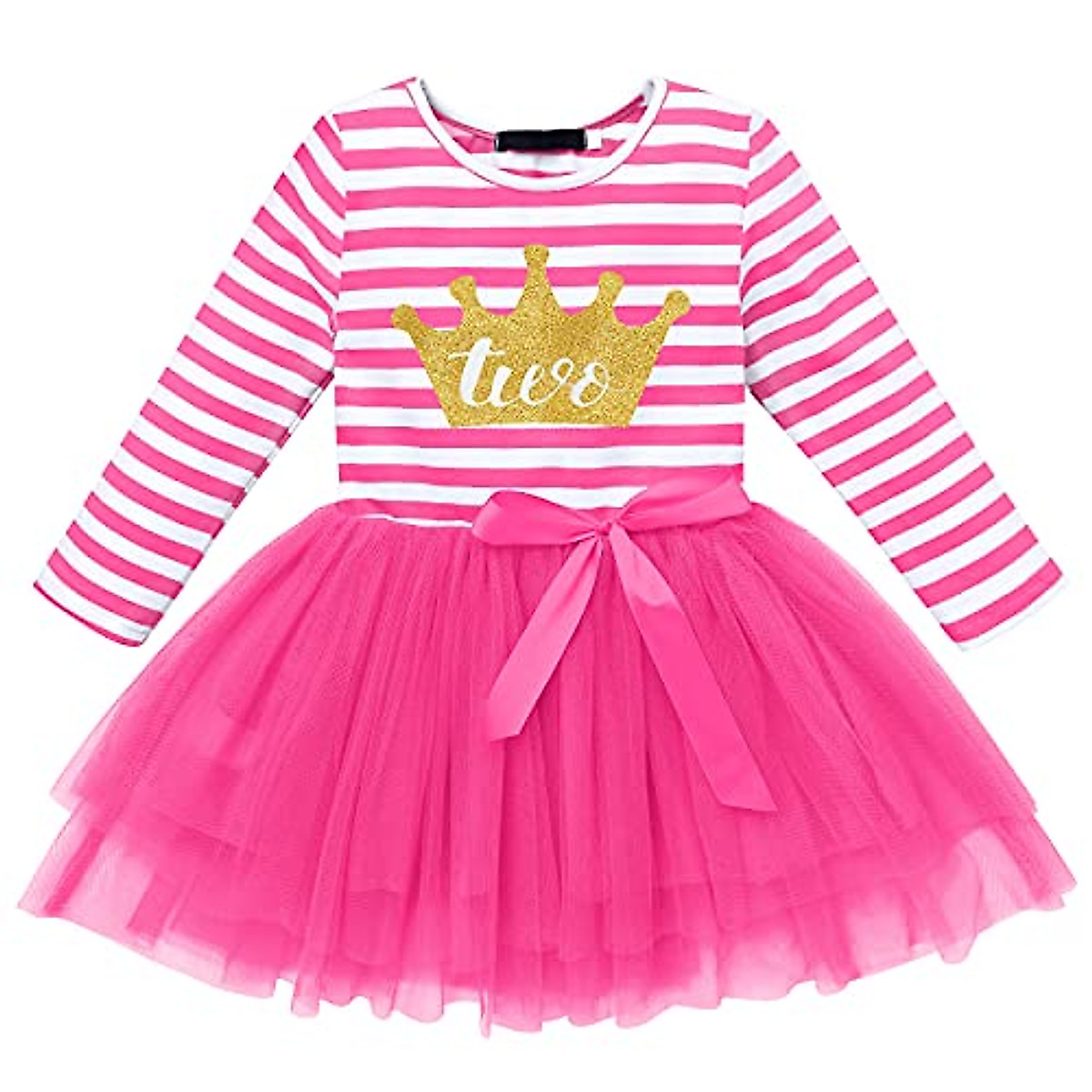 Baby Girls Shinny Stripe Long Sleeve Printed Princess Casual Birthday Tutu Tulle Dress Hot Pink Crown(Two Years)