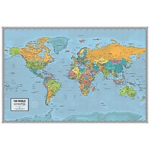Laminated World Voyager Map Poster | Bright Style Map | Includes The Most Legible Location Labels | 36” x 24” | Shipped Rolled in a Tube, Not Folded | Great for The Home or Classroom
