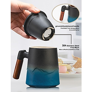 suyika Tea Cup with Infuser and Lid, 15.2 Ounce Wood Handle Ceramic Loose Leaf Tea Mug,Embossed Tea Steeping Mug for Gifts, Gradient Black&Blue 450ml