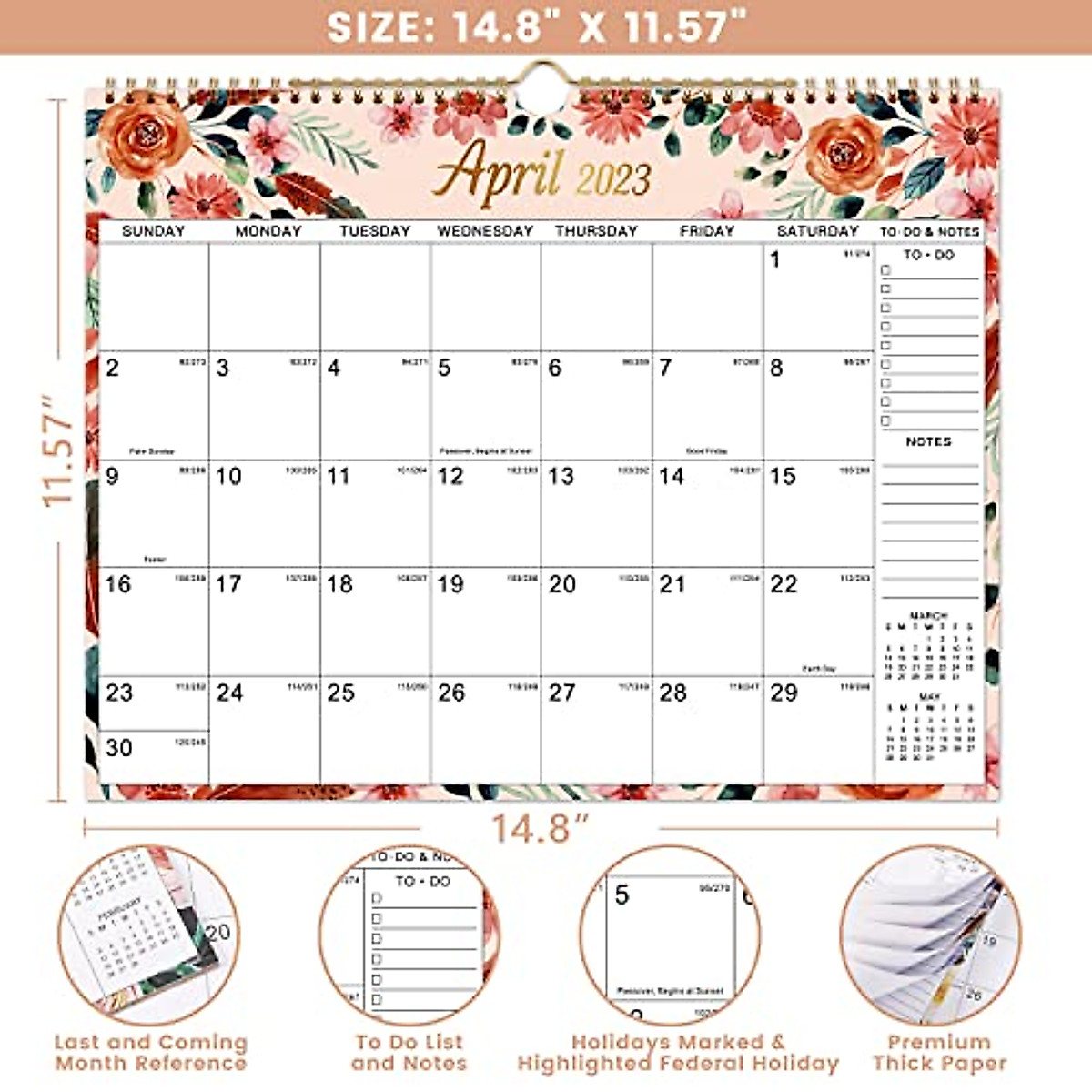 2023 Wall Calendar - Calendar 2023, 12 Monthly Wall Calendar 2023, January - December 2023, 14.8" x 11.57", Twin-Wire Binding + Hanging Hook + Thick Paper + Julian Dates - Floral
