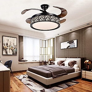 42 inch Black Cage Ceiling Fan with Lights, Ceiling Fan with Retractable Blades Three Color Change Chandelier with Remote Control, Dining Room/Living Room/Bedroom Lighting Decoration-36W