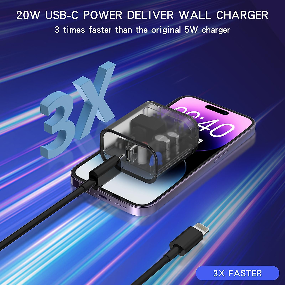 Phone Charger [MFi Certified] 3 Pack 20W PD USB C Wall Fast Charger Adapter with 3 Pack 6FT Type C to Lightning Cable Compatible for iPhone 14 13 12 11 Pro Max XR XS X,iPad (Transparent Black)