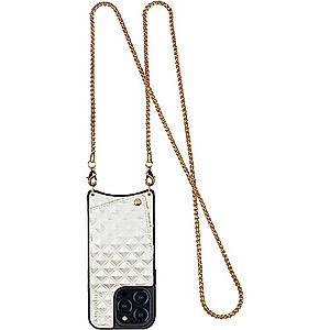 Bandolier Sheila Crossbody Phone Case and Wallet for iPhone 13 Pro - Pyramid Studded Creme Vegan Leather with Gold Detail