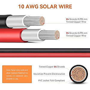 10AWG Solar Extension Cable 10 Feet, 10 Gauge Solar Panel Cables 10FT for Solar Systems, Car, RVs, and Boats, Tinned Copper PV Wire Ends with Solar Connector (10ft Red+10ft Black)