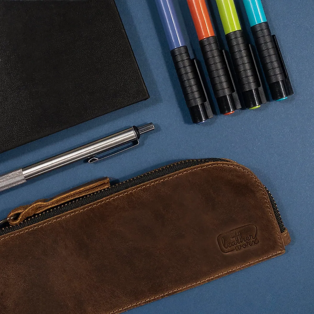 Leather Worx, Full Grain Leather Flat Pencil Pouch, Curved Pen and Marker Case for Men and Women, Zippered Bag for Work & Artists Accessories, Bourbon Brown