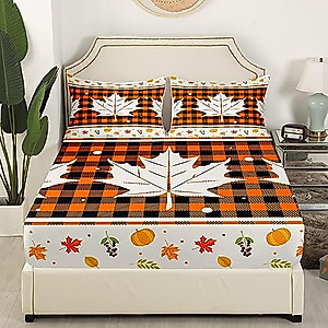 Feelyou Thanksgiving Decor Bed Sheet Set Twin Size with 1 Pillow Case Thanksgiving Day Bed Sheets Fall Pumpkin Decor Bedding Set Maple Leaf Flat Sheet for Kids Adults