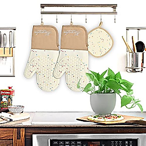 HaoYuFan Silicone Oven Mitts and Pot Holders Sets, Double Layer High Temperature Resistant Hot Pads and Oven Mitts, Cotton Lined Pot Holders and Oven Mitts Sets for Cooking, Grilling etc, Beige 3 Pcs