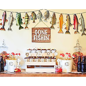 Ushinemi Fishing Birthday Decorations, Gone Fishing Party Supplies Sunfish Trout Bass Fishing Banner for Adults and Kids