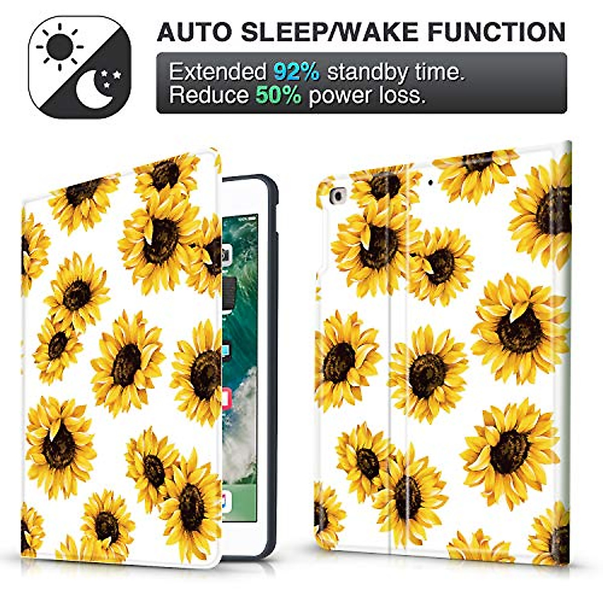 INSSISAIN Case for iPad 9th/8th/7th Generation 2021/2020/2019 10.2 Inch, Multi-Angle Viewing Stand Shell, PU Leather Protective Cover with Auto Sleep for 10.2" iPad 9/iPad 8/iPad 7, Sunflower