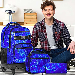 FTJCF 3PCS Rolling Backpack, 19 Inche Roller Bag with Wheels for Adults, Aurora Wheeled Bookbag Set for Men Boys(Blue)