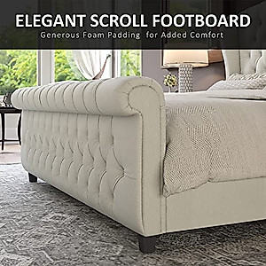 AMERLIFE Queen Size Platform Bed Frame, Chenille Upholstered Sleigh Bed with Scroll Wingback Headboard & Footboard/Button Tufted/No Box Spring Required/Cream