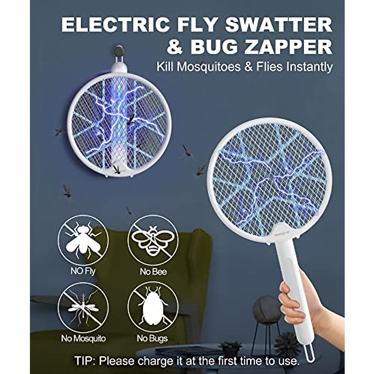 MOSQZAP Electric Fly Swatter, Foldable Bug Zapper Racket, 3,500Volt Mosquito Killer Electronic Fly Zapper w/Purple Light Attractant for Home Indoor Outdoor, Large Size, White