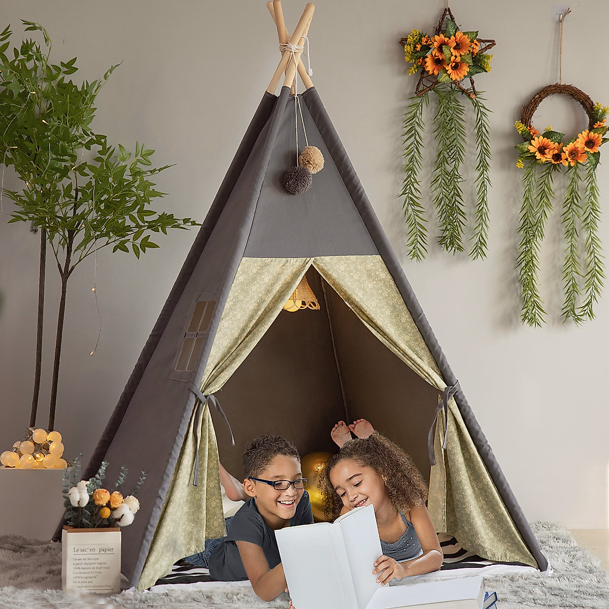 TreeBud Teepee Tent for Kids Stripe Padded Mat Foldable Dark Tone Grey Play Tents for Girl and Boy with Carry Case Wooden Pole Printing Canvas Tepee Playhouse for Child Indoor Outdoor