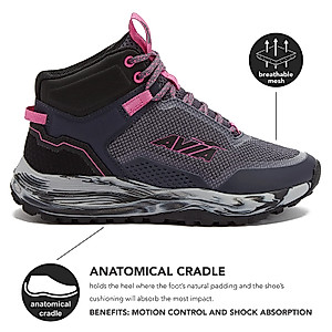 Avia Grit Sport Women’s Hiking Boots, Mid Top Ankle Trail Shoes for All Weather - Dark Grey/Dark Pink/Medium Grey, 7 Medium