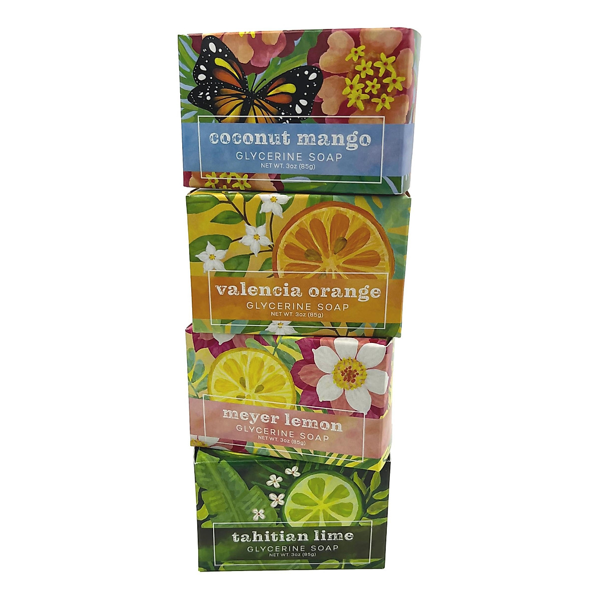 Greenwich Bay Trading Co., Fresh Fruit Collection, Set of 4 Glycerine Bar Soaps, 3 Oz. Each - Coconut Mango, Meyer Lemon, Tahitian Lime and Valencia Orange