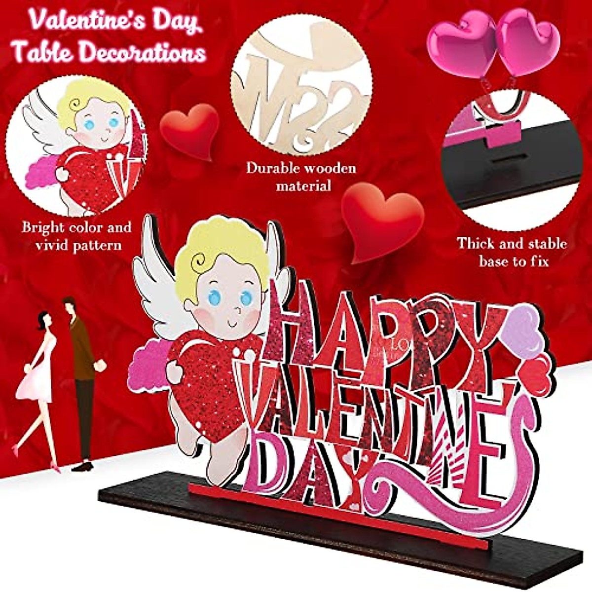 Jetec 7 Pieces Valentine's Day Table Decorations Set Wooden Heart Table Centerpiece Love Wood Sign with LED Rose Lamp String Light Valentine Decorations for Home Anniversary Wedding Party Decors