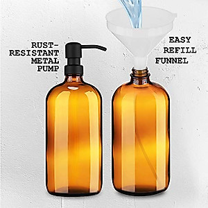 kitchentoolz Large Pump Bottle - 32 Ounce Glass Shampoo and Soap Dispenser - Amber