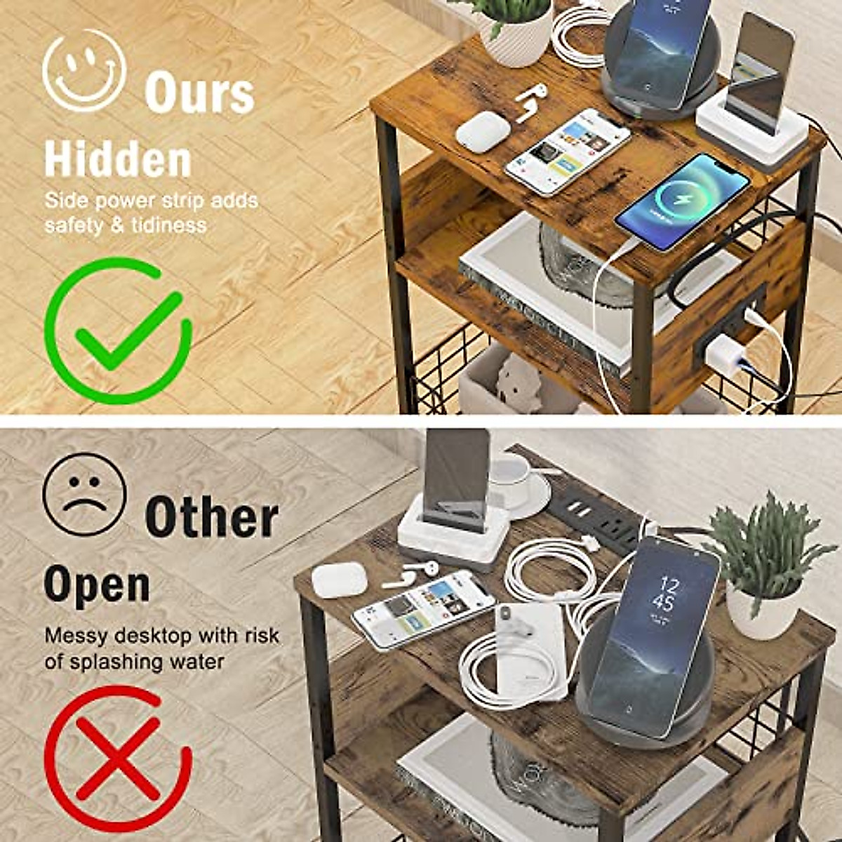 X-cosrack Record Player Stand with Vinyl Record Storage, 3 Tier Side Table with Charging Station & USB Ports, Retro End Table for Living Room Bedroom, Sturdy Wood and Metal Frame, Brown & Black