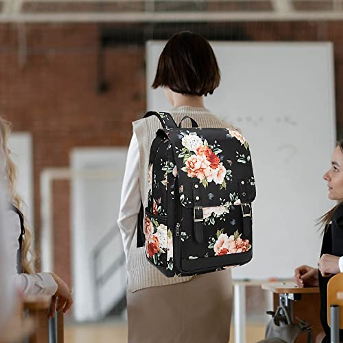 LEDAOU School Backpack for Teen Girls Women Bookbag School Bag 15.6 inch Laptop Backpack Daypack for School Travel (Floral Black-2)