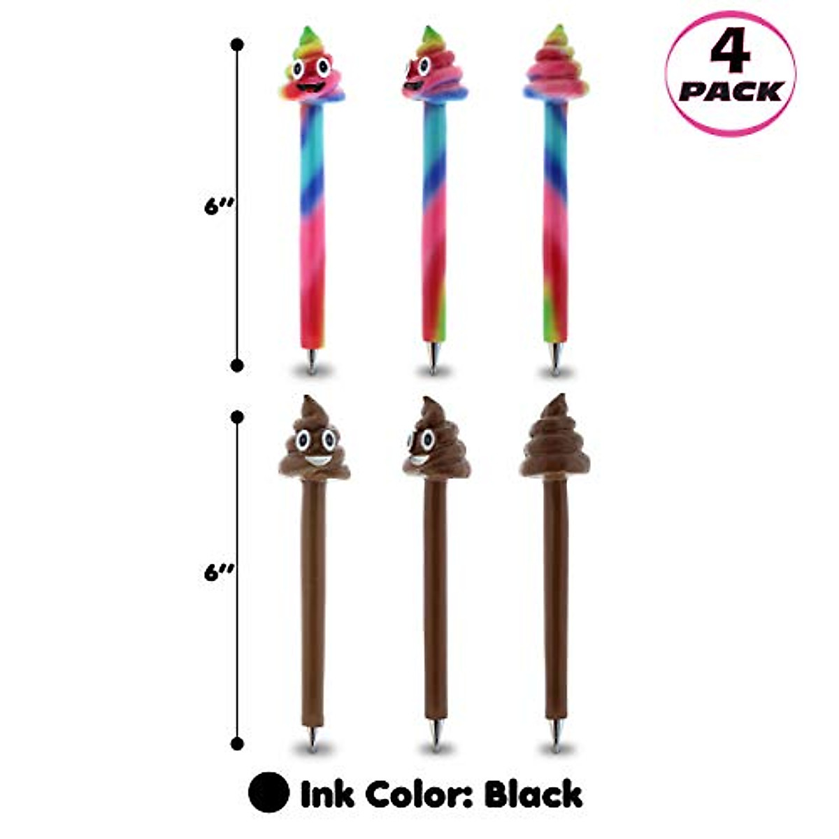 Planet Pens Bundle of Poop Face Emotion & Poop Rainbow Novelty Pens - Unique Kids and Adults Ballpoint Pens Colorful Emotions Writing Instrument For School and Office - 4 Pack