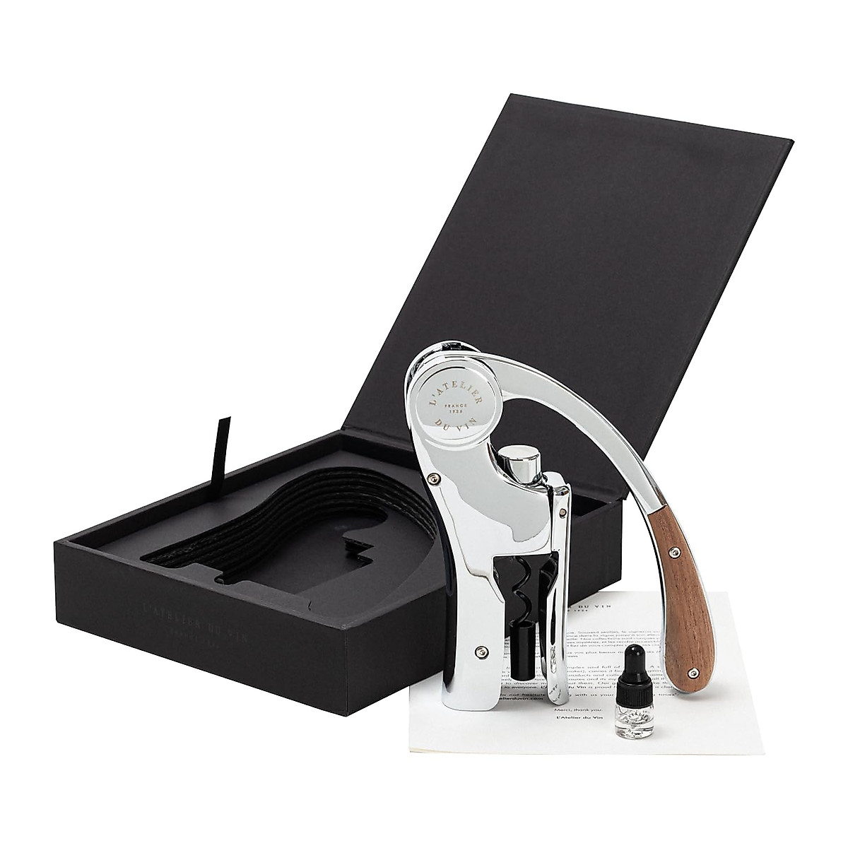 L'Atelier du Vin Oeno Motion Wood vertical level corkscrew comfortable grip spare spiral integrated foil cutter