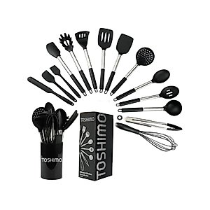 15 Pieces Silicone Kitchen Utensil Set with Holder | Non Slip Stainless Steel Cooking Tool |Spatulas, Spoon, Ladle, Pasta Server, Turner, Tongs, Whisk & More | Heat Resistant 446°F | BPA Free (Black)