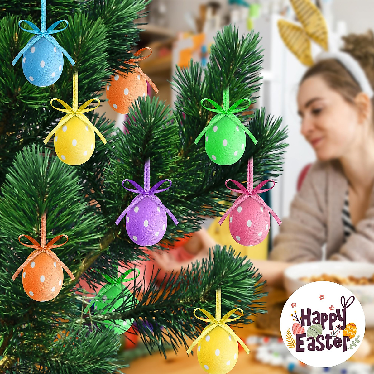 30PCS Large Easter Hanging Eggs-2 Inch Foam Easter Egg with Rabbit-Painted Hanging Ornaments for Easter Party Spring Home Garden Decoration (Gray Bunny-Large)