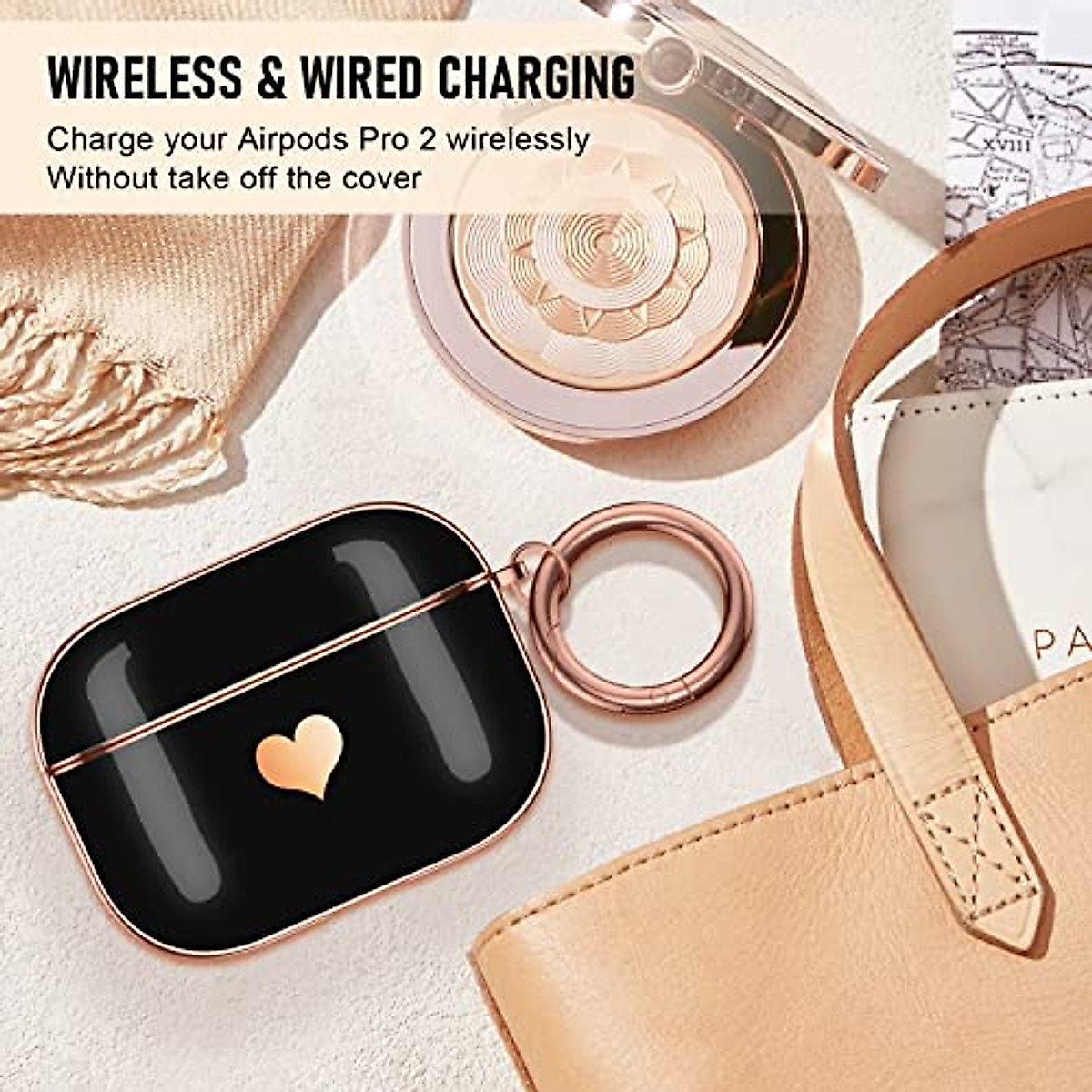 Maxjoy Airpods Pro 2 Case Cover,Cute Electroplating with Gold Heart Pattern with Lanyard Shockproof Cover for Girls Woman Airpods Pro 2 Generation Case-Black