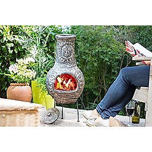 Outdoor Clay Chiminea Fire Pit Overall Size 34.2 inch Tall - Patio Handcrafted Chimenea, Backyard Fireplace with Cover Lid, Rustic Ceramic Chimney