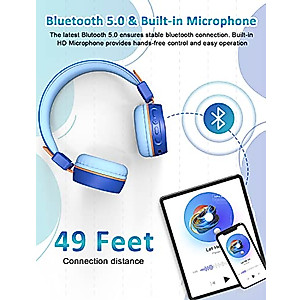 New bee Kids Bluetooth Headphones with Microphone Bluetooth 5.0 Wireless Kids Headphones with 32H Playtime/94dB Volume Limited On Ear Headphones for School/Girls/Boys/iPad/Fire Tablet(Blue)