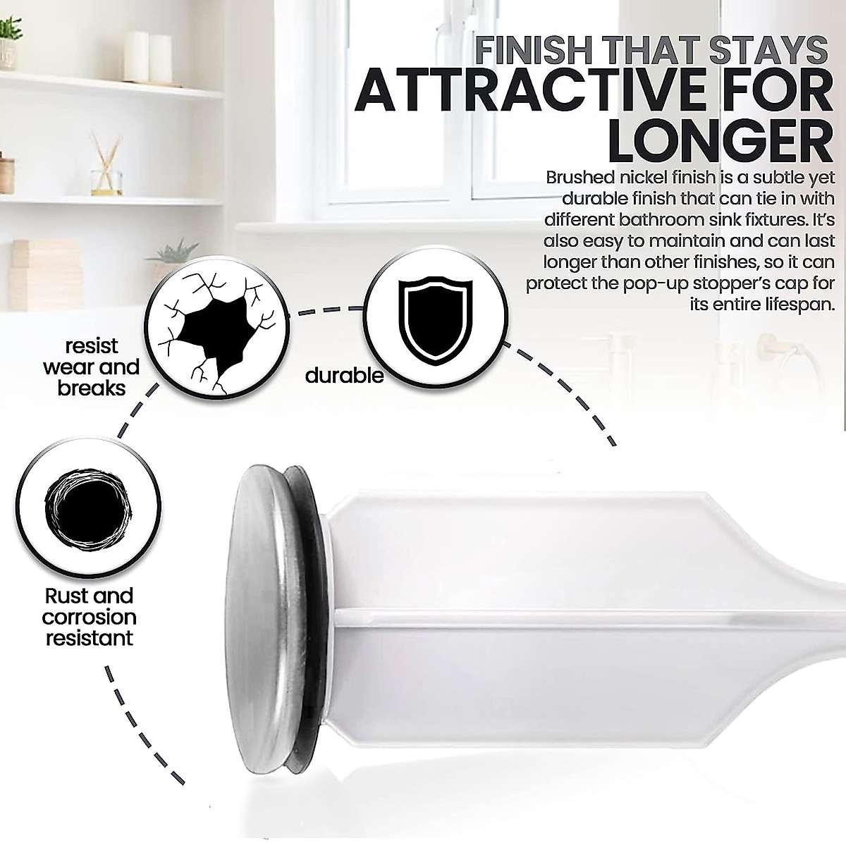 Calvana (2-Pack) Bathroom Sink Pop-Up Stoppers - with Brushed Nickel Finish - Fits Most Pop-Up stoppers Design 1-3/8” Cap Outer Diameter, 4-1/2 Overall Height - with 2 Mounting Holes and Gasket Seal