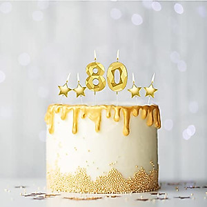 6 Pieces 80th Birthday Candles Gold Cake Numeral Candles Star Shape 80th Birthday Decorations for Women Glitter Mens Candle Number Cake Candles Topper Decoration for Wedding Themed Party Supplies