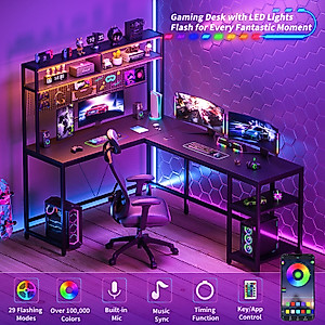 VEELOK L Shaped Gaming Desk with Hutch Pegboard LED Lights (Black)