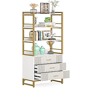 Tribesigns 3-Drawer Bookshelf Tall Ladder Shelf Bookcase with Storage, Modern Book Cases and Book Shelves 4 Shelf Organizer, Metal Wood Book Shelving Unit for Bedroom, Office, White & Gold
