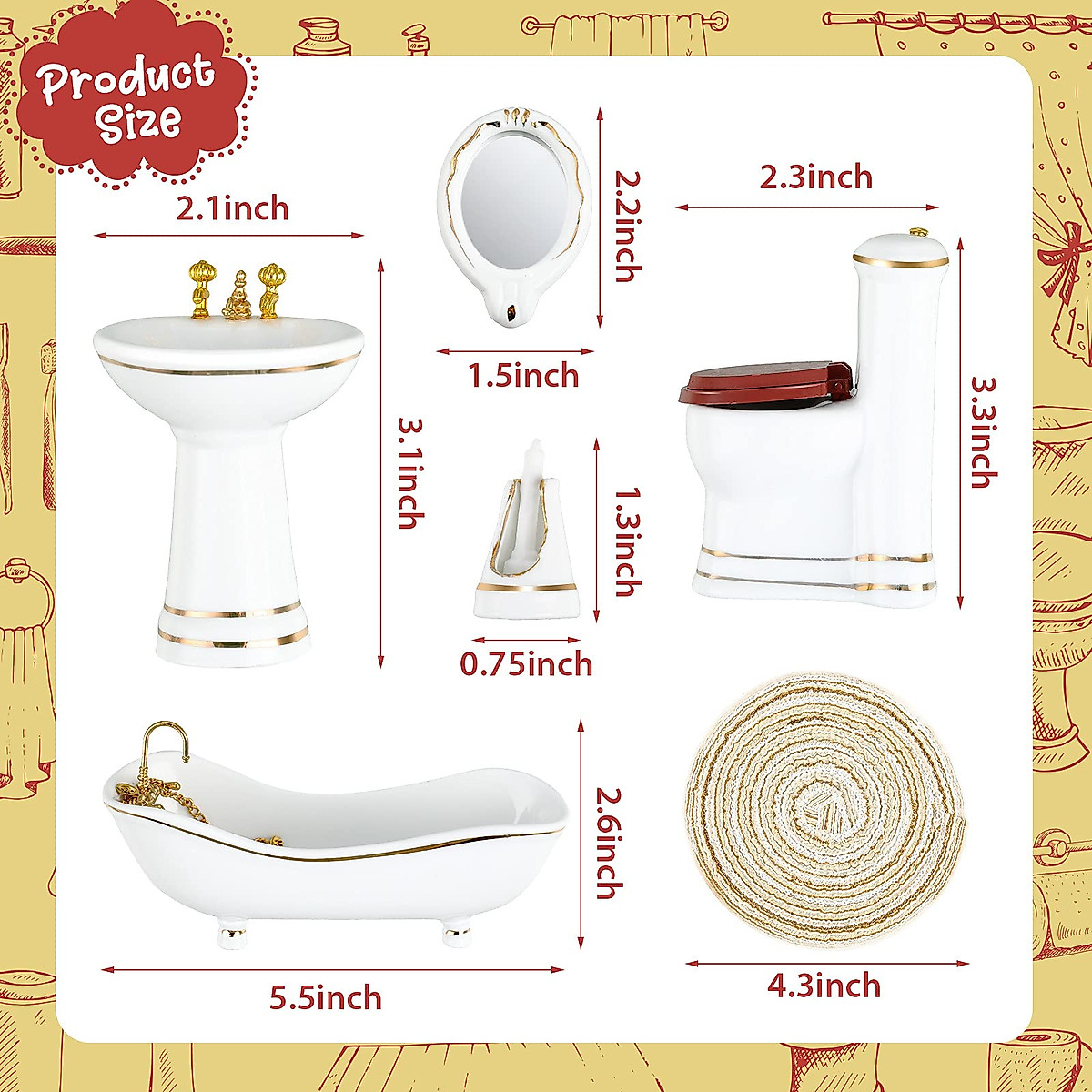 Skylety 6 Pieces 1:12 Dollhouse Bathroom Set Porcelain Dollhouse Miniature Furniture Toys Ceramic Dollhouse Toilet Basin Bathtub Mirror Doll Dollhouse Bathroom Accessories