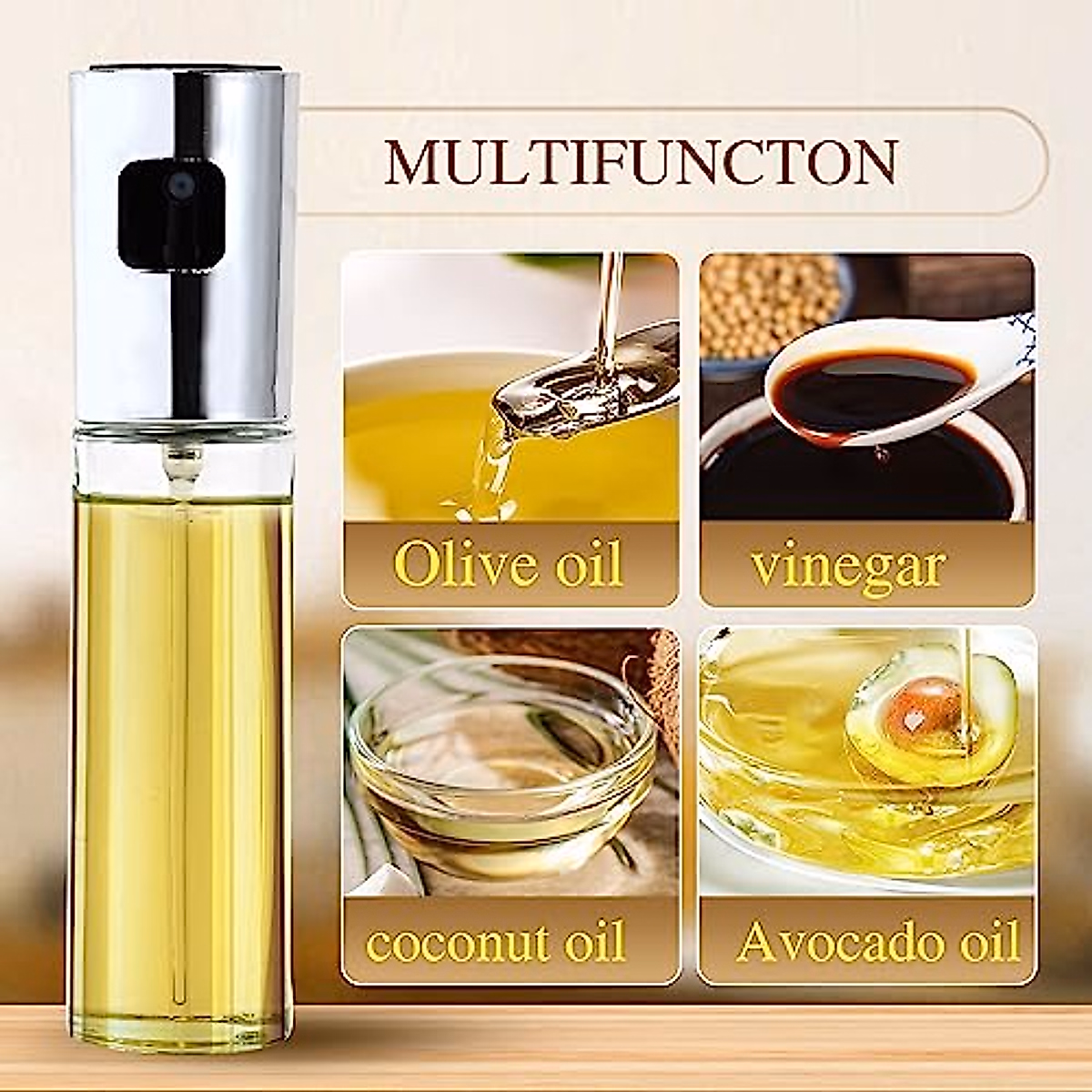 Oil Sprayer for Cooking, 100ml olive oil spray bottle, Oil mister spray for air fryer, Baking, Salad Dressings, Grilling (Glass Bottle,100ml/3.4 oz) (silver)