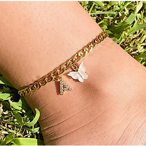 VIROMY 14K Gold Plated Dainty Butterfly Initial Ankle Bracelets Handmade Cuban Chain White Butterfly A Alphabet Letter Initial Anklets Personalized Summer Beach Jewelry Gifts for Women A