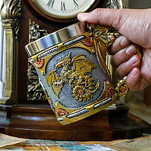 alikiki Medieval Steampunk Dragon Mug - 15.8oz Renaissance Mechanical Dragons Beer Stein Tankard Stainless Coffee Cup Father Day Gift Mug for Dragon Collector Lovers Themed Party Decoration