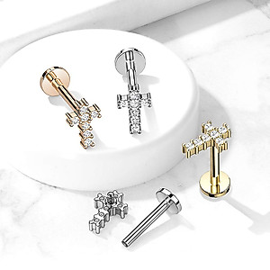 Pierced Owl 16G Stainless Steel Internally Threaded CZ Crystal Paved Cross Top Flat Back Lip Cartilage Stud (Rose Gold Tone, Bar Length: 8mm)