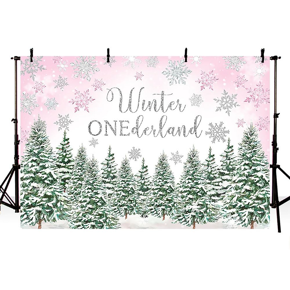 MEHOFOND 7x5ft Winter Onederland Backdrop for Girls First Birthday Pink Silver Glitter Snowflake Photography Background Pine Trees Happy 1st Birthday Party Banner Decorations Photo Booth Props