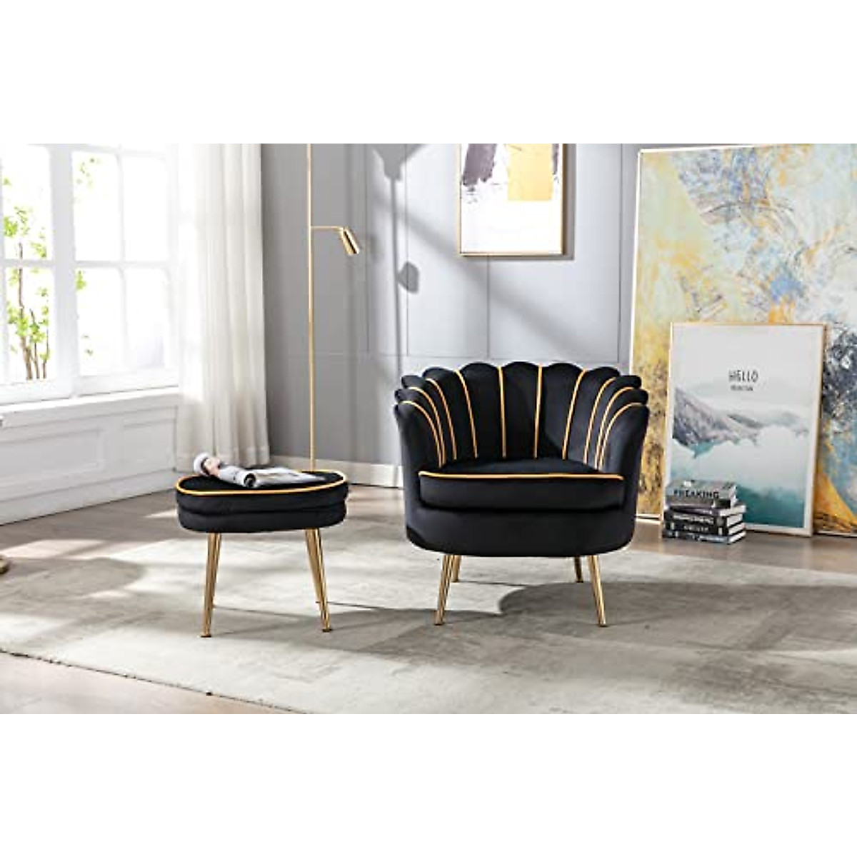 Modern Velvet Accent Chair with Ottoman Set, Upholstered Tufted Barrel Chair Leisure Chair with Footrest and Metal Legs for Living Reading Room Bedroom Office (Black)