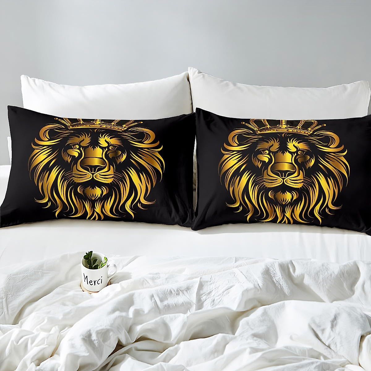 Castle Fairy Gold Roaring Lion Print Bedding Cover King Wild Animal King Comforter Sets for Adults Black Base 3 Pieces Duvet Sets(1 Duvet Cover 2 Pillow Cases),No Comforter