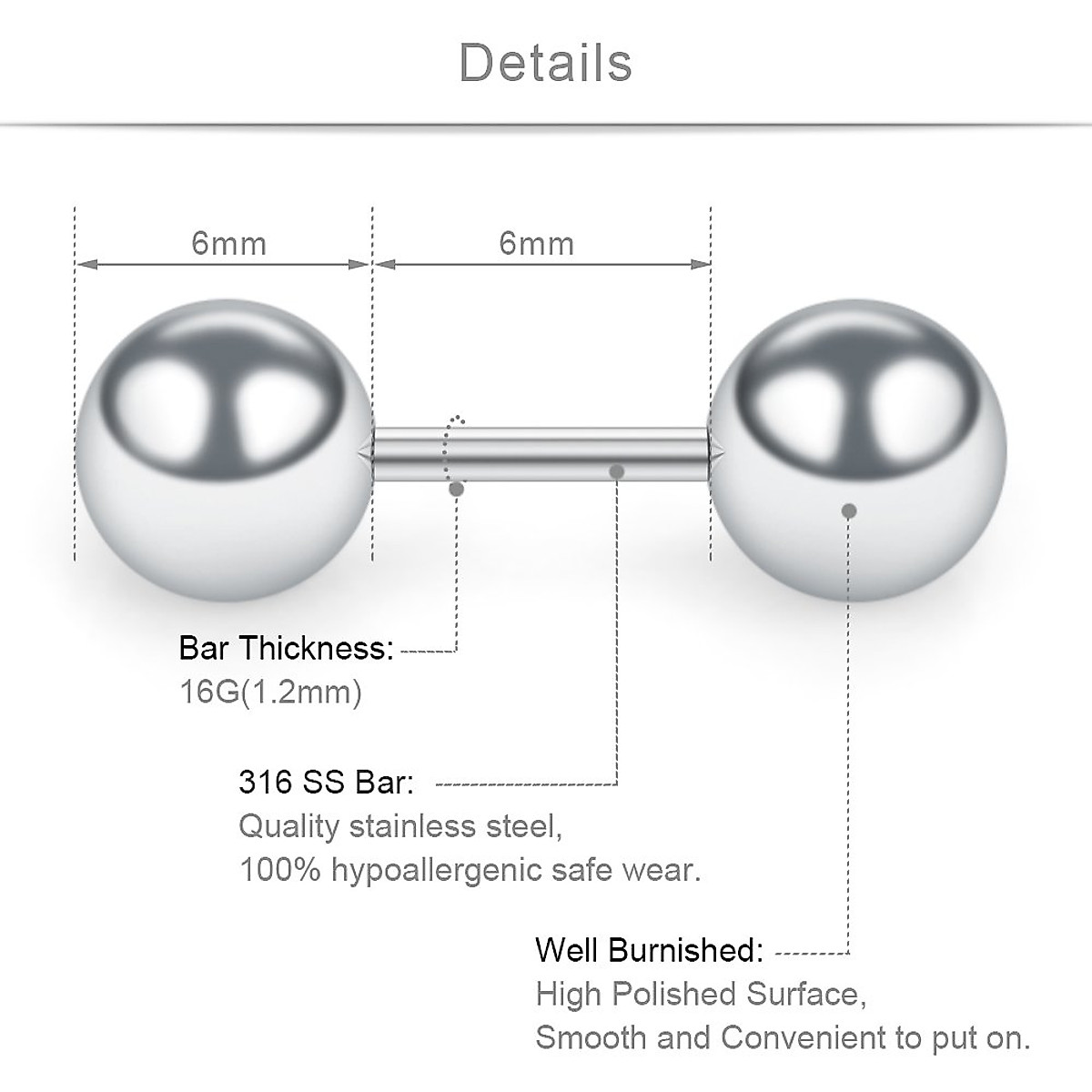 SCERRING 4 Pairs 16G 1/4" Stainless Steel Polished Ball Barbell helix Cartilage Tragus Ear Lobe Stud Earring for Men Women 3-6mm - Silver