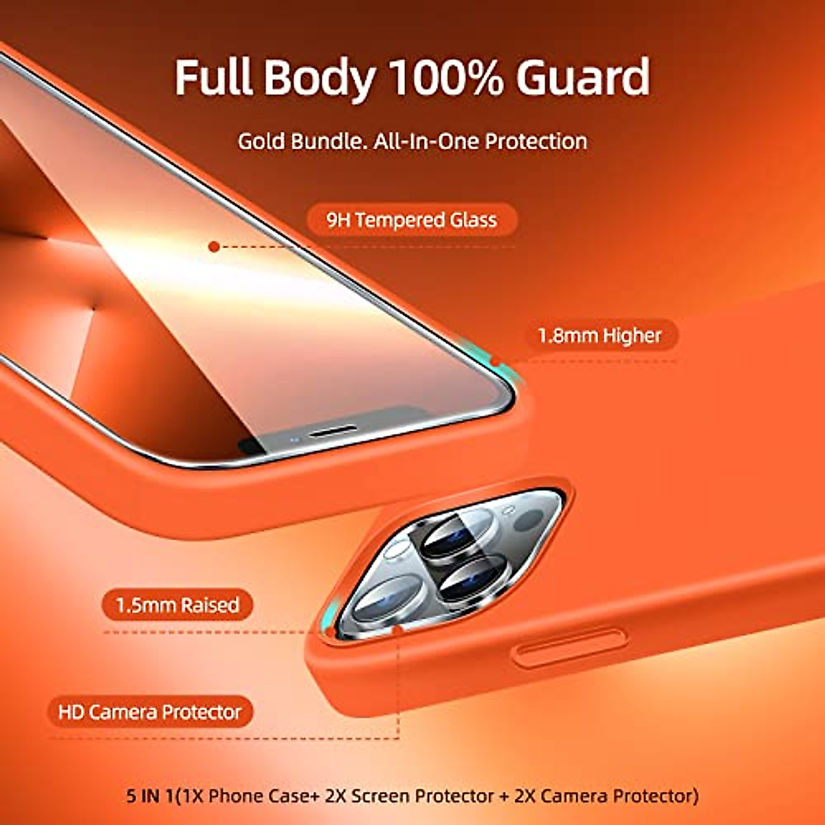 Dssairo [5 in 1 for iPhone 13 Pro Max Case 6.7 inch, with 2 Pack Screen Protector + 2 Pack Camera Lens Protector, Liquid Silicone Ultra Slim Shockproof Protective Phone Case (Orange)