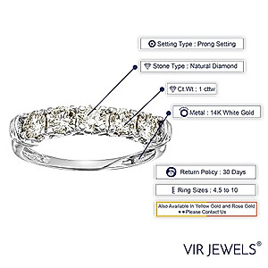 VIR JEWELS 1 cttw Diamond Wedding Anniversary Band for Women 5 Stone Champagne Diamond Engagement Ring 14K White Gold Prong Set Size 7